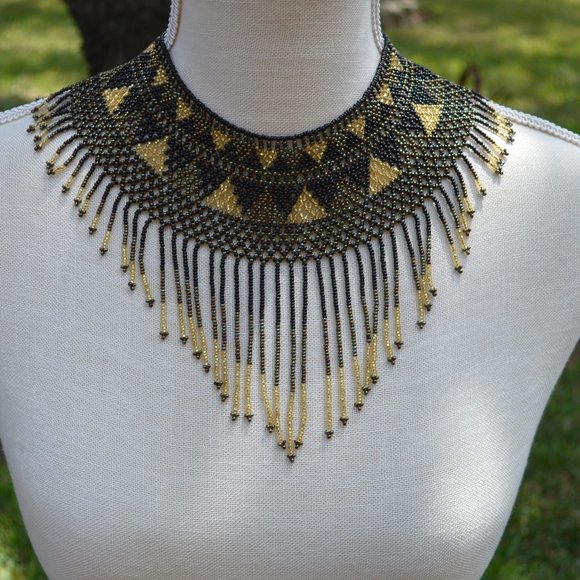 Jewelry | Rare Black Gold Boho Fringe Seed Bead Necklace | Poshmark